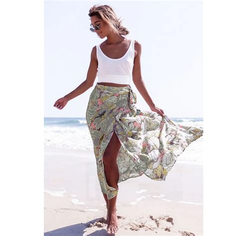 Elegant Floral Print Long Skirts Women Summer Beach Vintage Waist Tie Split Skirt Female Boho