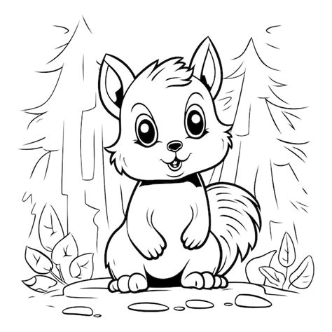 Libro de colorear para niños ardilla en el bosque Vector Premium