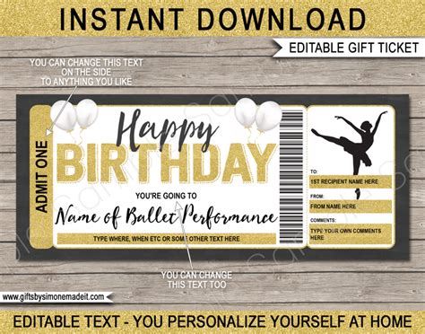 Birthday Ballet Ticket Template Printable Gift Voucher Certificate