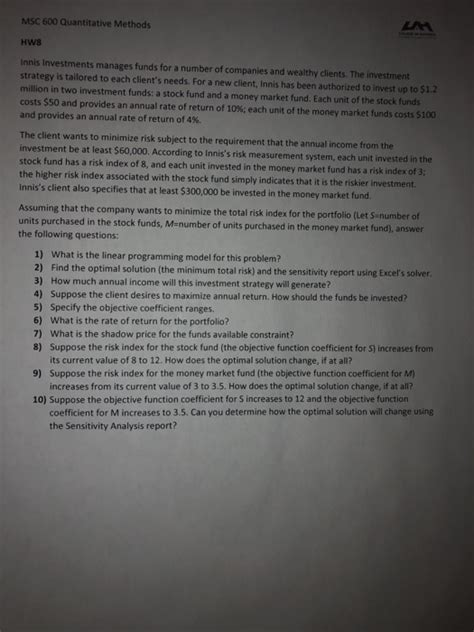 Solved MSC 600 Quantitative Methods Hw8 Innis Investments Chegg