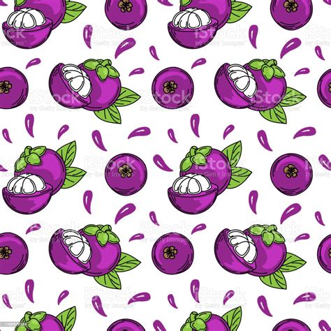 화려한 망고스틴 과일 펄프 및 나뭇잎의 원활한 패턴 낙서 요소가있는 손으로 그린 스케치 이국적인 과일 태국 벡터 일러스트레이션 0명에 대한 스톡 벡터 아트 및 기타 이미지