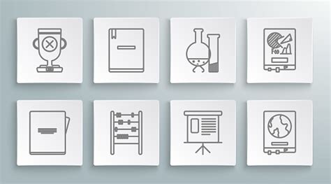 라인 노트북 일정 차트 다이어그램 인포그래픽 파이 그래프 세계지도 학교 칠판 시험관 및 플라스크 화학 실험실 테스트 보드 및 어워드 컵 아이콘을 설정합니다 벡터 0명에 대한