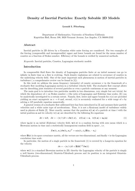 Pdf Density Of Inertial Particles Exactly Solvable 2d Models