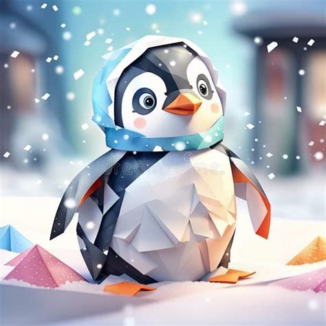 Cute Origami Penguin During Snowfall Stock Illustration Illustration