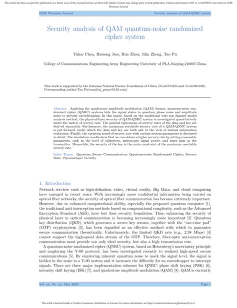 Pdf Security Analysis Of Qam Quantum Noise Randomized Cipher System