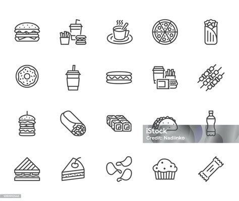 정크 푸드 플랫 라인 아이콘을 설정합니다 햄버거 빠른 스낵 샌드위치 감자 튀김 핫도그 멕시코 버 리 토 피자 벡터 일러스트 레이 션 레스토랑 메뉴에 대 한 얇은 서명 한다
