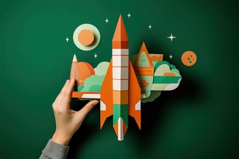 Premium Ai Image Hand With Rocket On Green Background Paper Cutout