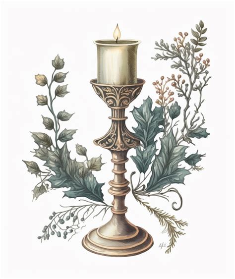 Premium Photo There Is A Lit Candle Sitting On A Pedestal Surrounded By Leaves And Flowers