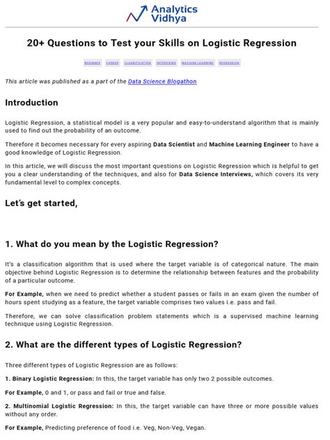 Logistic Regression Interview Prep Pdf Regression Analysis