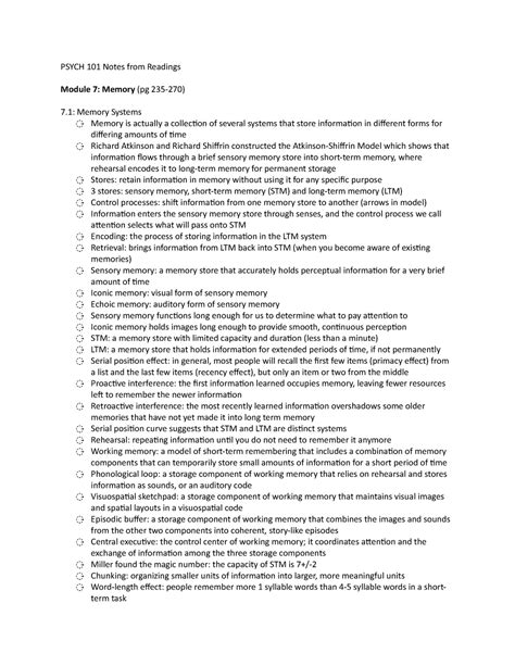 psych 101 m7 lecture notes 7 psych 101 notes from readings module 7 memory pg 235 270 7