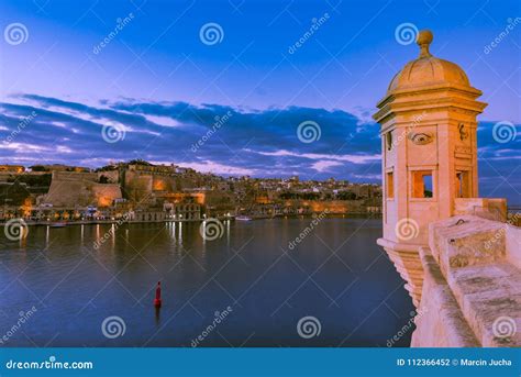 Famous Senglea Guardiola Tower And Valletta In Malta Editorial