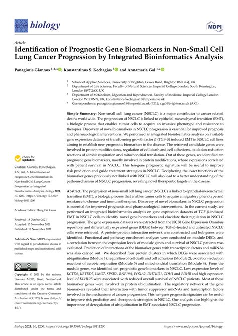 Pdf Identification Of Prognostic Gene Biomarkers In Non Small Cell