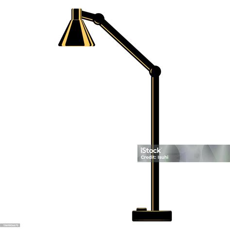 바닥 램프 집에서 조명 장비 삼각형 램프 쉐이드 모양 경첩스탠드 객실용 플로어 램프 램프 쉐이드 디자인 세련된 인테리어 벡터 아이콘 플랫 블랙 옐로우 격리 가구에 대한 스톡