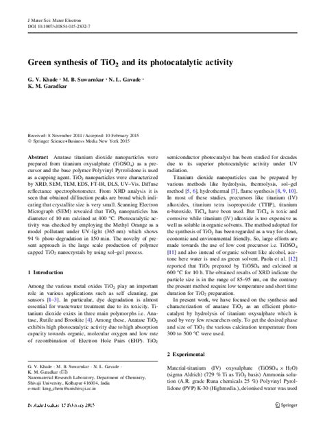 Pdf Green Synthesis Of Tio2 And Its Photocatalytic Activity