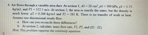 Solved 4 Air Flows Through A Variable Area Duct At Section