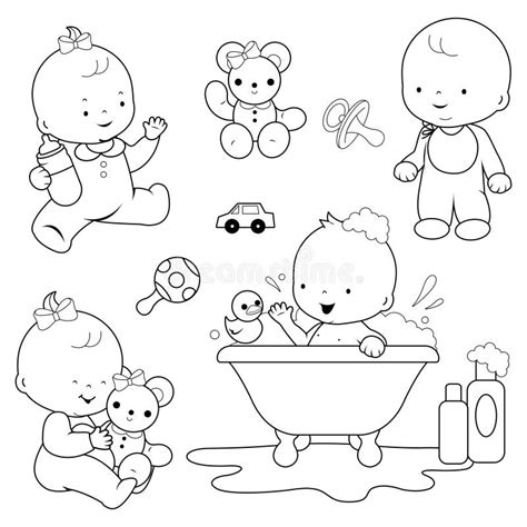Babies Taking A Bath Playing Walking And Drinking Milk Vector Black
