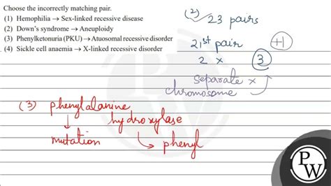 Choose The Incorrectly Matching Pair 1 Hemophilia Rightarrow Sex Linked Recessive Dise