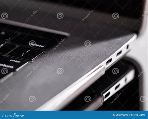 USB C Port Of A Gray Laptop Computer Type C Fast Charging Ports Computer Plug Connection