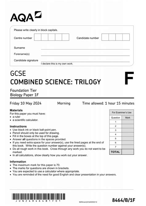 2024 Aqa Gcse Combined Science Trilogy Biology Paper 1 And 2 Question Papers And Their Mark