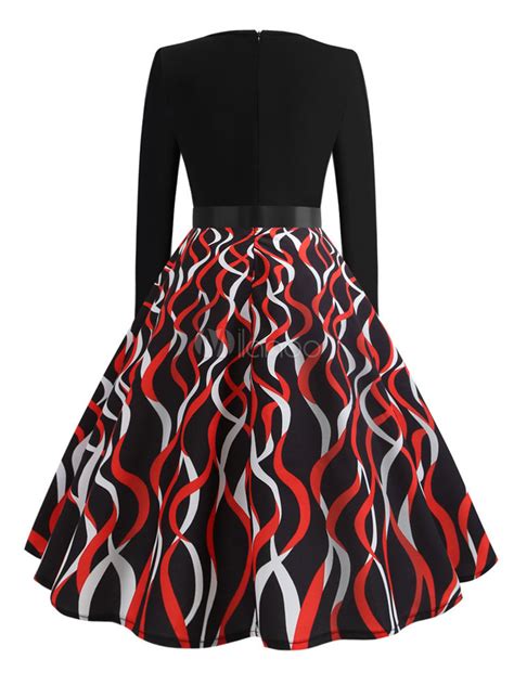 Robe Vintage noire à manches longues col rond noeuds Robe rétro imprimée Milanoo