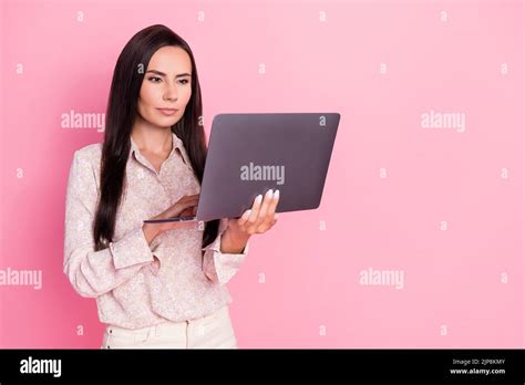 Portrait Photo Of Young Attractive Serious Minded Lady Coding Laptop New Platform Advertisement