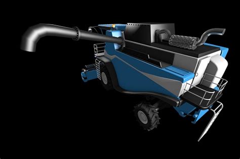 거대한 Cg 블루 밀 농업의 산업 3d 그림은 검은 색에 고립 된 수확 파이프 분리 측면 상단보기와 수확기를 결합 3차원 형태에 대한 스톡 사진 및 기타 이미지 Istock