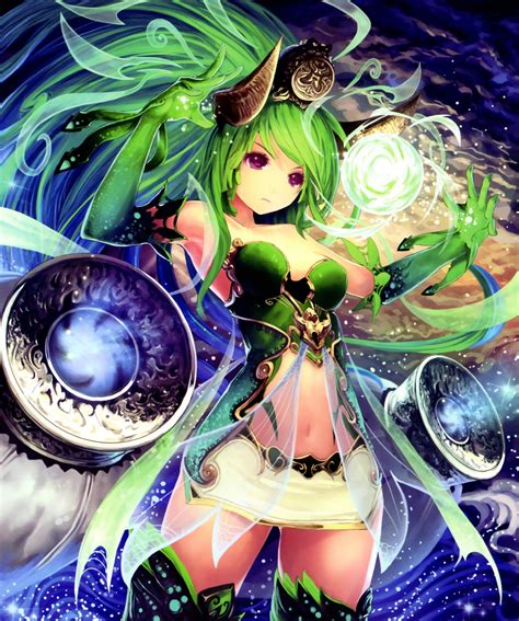 Wallpaper Illustration Long Hair Anime Girls Horns Green Hair
