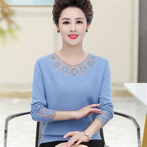 妈妈秋装羊毛针织衫女中年妇女大码蕾丝上衣中老年人女装秋衣外穿虎窝淘