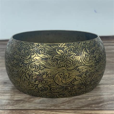Brass Bangle With Engraved Floral Pattern Thick Chun… Gem