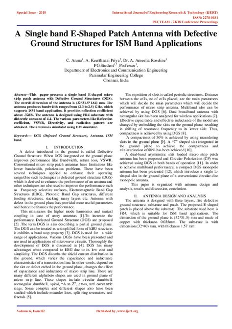 Pdf A Single Band E Shaped Patch Antenna With Defective Ground Structures For Ism Band