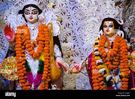 Goddess Durga With Traditional Look In Close Up View At A South Kolkata