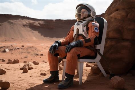 Premium Ai Image A Man In An Orange Space Suit Sitting On A Chair