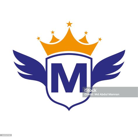 날개 방패 및 왕관 아이콘이 있는 문자 M 운송 로고 방패 기호에 날개 로고 개념에 대한 스톡 벡터 아트 및 기타 이미지