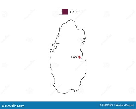 Hand Draw Thin Black Line Vector Of Qatar Map With Capital City Doha