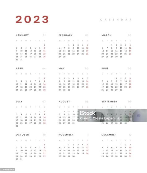 투명한 배경의 2023년 연간 달력 템플릿입니다 벽이나 책상의 벡터 레이아웃은 월요일에 시작하는 간단한 달력입니다 흑백 색상의 달력 디자인 붉은 색의 휴일 0명에 대한 스톡