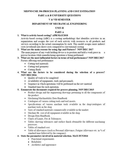 Ppce Unit Ii Process Planning And Cost Estimation Pdf
