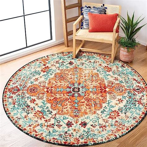 Lahome Washable Round Rug 5ft Bohemian Orange For Living Room Entryway