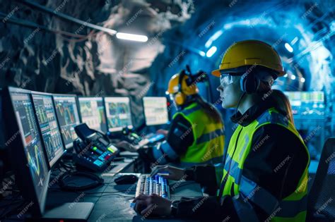 Modern Underground Mining Control Room With Workers Monitoring Screens