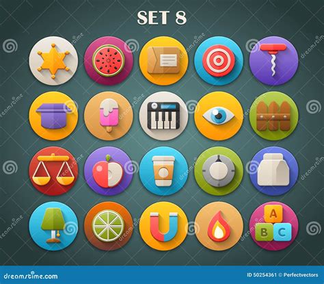 Round Flat Icons With Long Shadow Set 8 Stock Vector Illustration Of