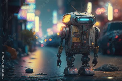 Old Little And Funny Cut Yellow Scrap Robot On The Junkyard Full Body