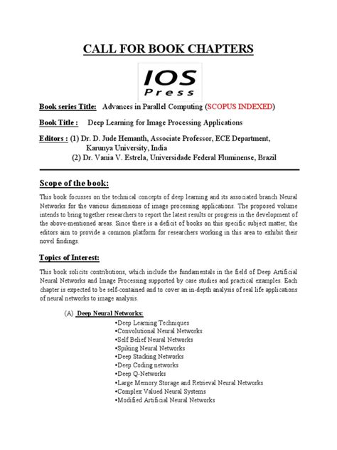 Call For Book Chapters Deep Learning For Image Processing Applications Pdf Deep Learning