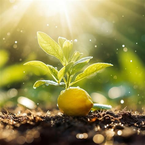 Illustration Of A Tiny Lemon Tree With Water Drops Background Meadow
