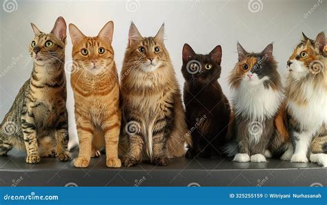 Six Adorable Cats Sitting In A Row Showcasing Their Unique