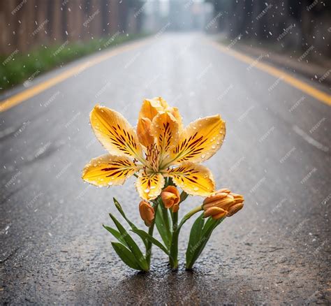 Premium Photo Yellow Lily Flower With Raindrops On The Asphalt Road