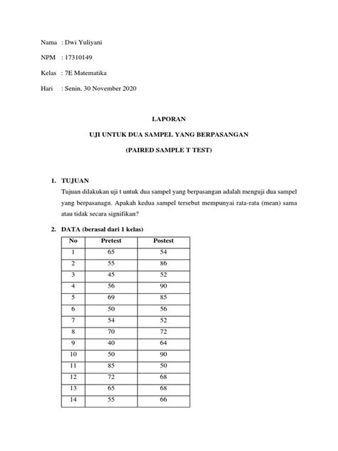 Uji T Untuk Dua Sampel Berpasangan Paired Sample T Test Pdf
