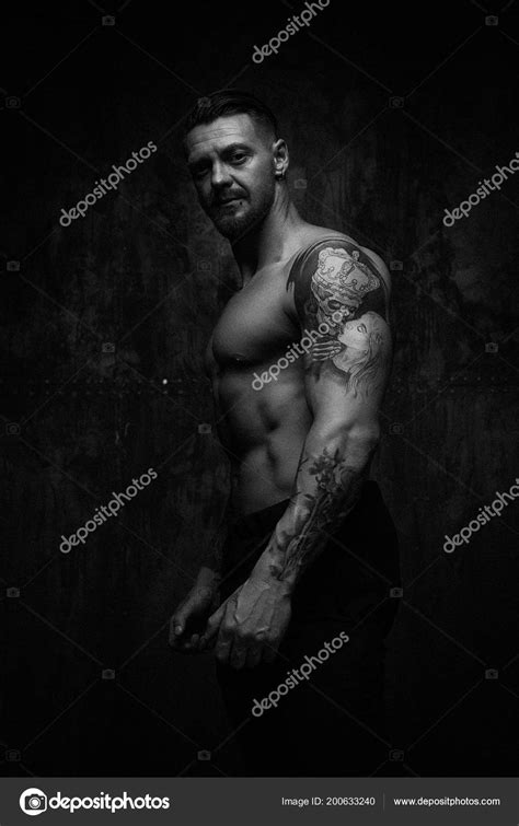 Black White Photo Shirtless Muscled Young Man Posing Grunge Wall Stock
