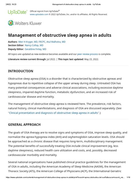 Management Of Obstructive Sleep Apnea In Adults Uptodate Pdf