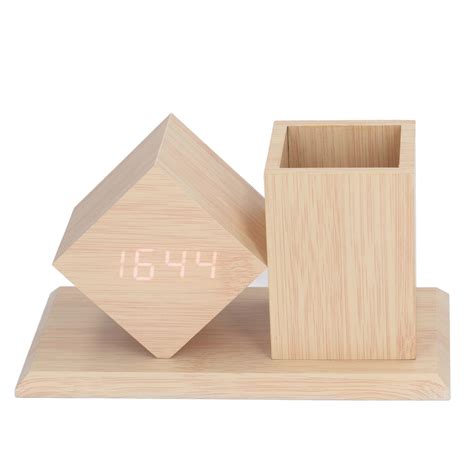 Wnvivi Multifunctional Led Desk Clock With Pen Holder Wooden Voice