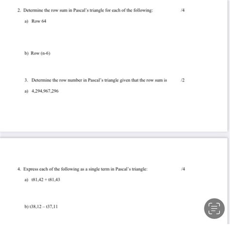 solved 2 determine the row sum in pascal s triangle for