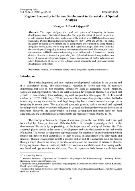 Pdf Regional Inequality In Human Development In Karnataka A Spatial Analysis
